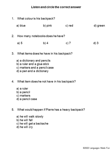 French Classroom Objects - Listening Comprehension Activities ...