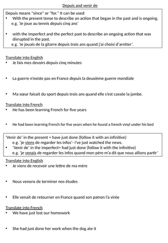 'Depuis' and 'venir de' worksheet for A level French | Teaching Resources
