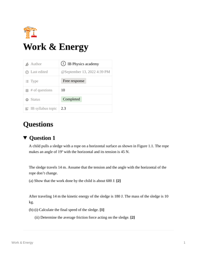 Topic 2.3 Work, Energy & Power 10 Questions for IB DP Physics Paper 2 ...