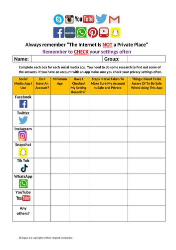 My Safety and Privacy Settings for Social Media Apps | Teaching Resources