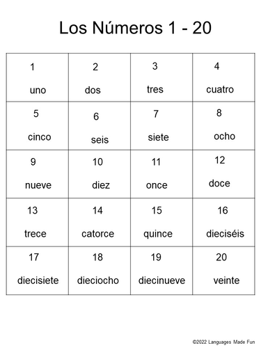 Los Números - Spanish Numbers 1 - 20 | Teaching Resources