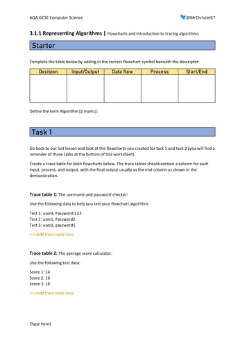 Representing Algorithms - Flowcharts and Intro to Trace Tables ... Representing Algorithms - Flowcharts and Intro to Trace Tables ...