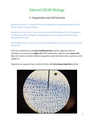 Edexcel Igcse Biology Lesson 3 Organisation And Cell Structure Teaching Resources