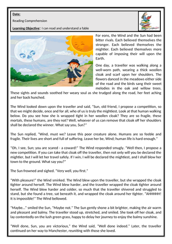 The Wind and The Sun reading comprehension Fables Literacy PSHE KS2 KS3 ...