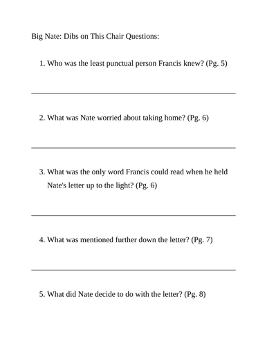 Reading Comprehension- Big Nate- Dibs On This Chair | Teaching Resources