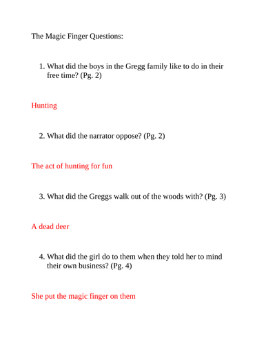 Reading Comprehension- The Magic Finger | Teaching Resources