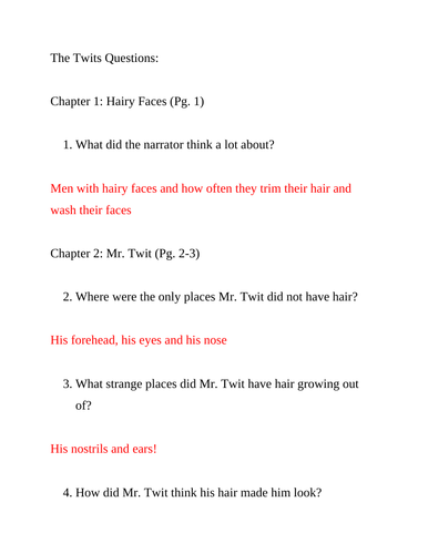 Reading Comprehension- The Twits | Teaching Resources