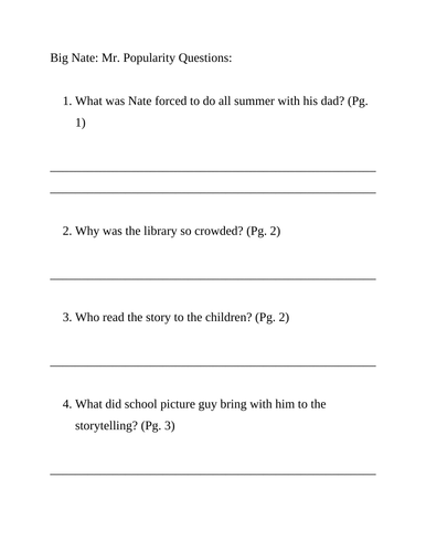 Reading Comprehension- Big Nate- Mr. Popularity | Teaching Resources