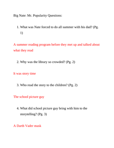 Reading Comprehension- Big Nate- Mr. Popularity | Teaching Resources