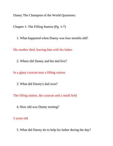 Reading Comprehension- Danny the Champion of the World | Teaching Resources