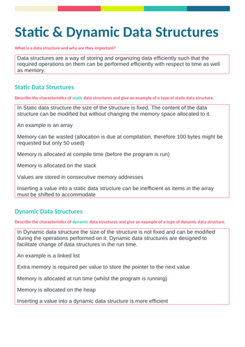 Static & Dynamic Data Structures - Scaffold and Answers | Teaching ... Static & Dynamic Data Structures - Scaffold and Answers | Teaching ...