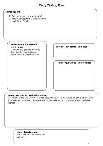 Hercules Diary Writing differentiated planning sheets with text ...