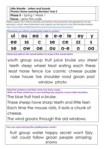 Year 2 Little Wandle Phonics Revision Homework Packs Teacher Made ...