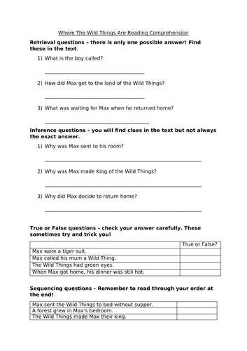 Where The Wild Things Are Reading Comprehension | Teaching Resources