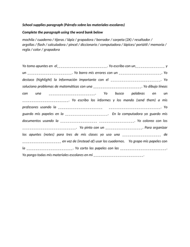 Las materiales escolares (school supplies) paragraph | Teaching Resources