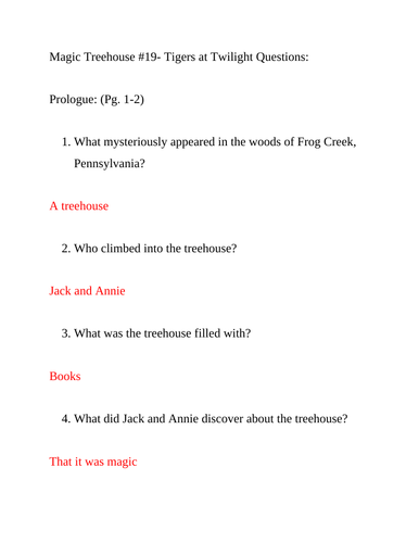 Reading Comprehension- Magic Treehouse #19- Tigers at Twilight ...