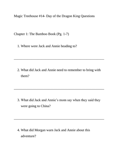 Reading Comprehension- Magic Treehouse #14- Day of the Dragon King ...