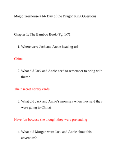 Reading Comprehension- Magic Treehouse #14- Day of the Dragon King ...