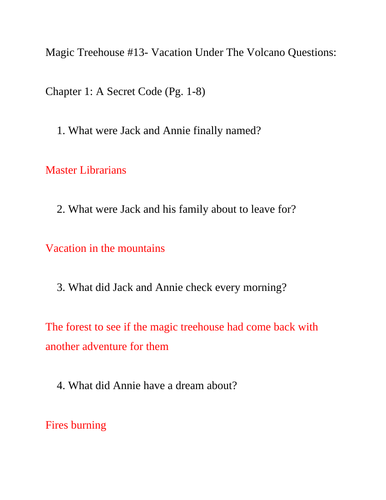 Reading Comprehension- Magic Treehouse #13- Vacation Under The Volcano ...