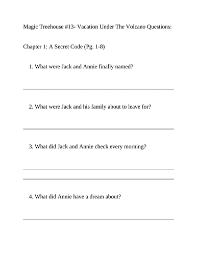 Reading Comprehension- Magic Treehouse #13- Vacation Under The Volcano ...