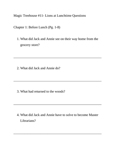 Reading Comprehension- Magic Treehouse #11- Lions at Lunchtime ...