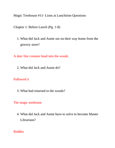 Reading Comprehension- Magic Treehouse #11- Lions at Lunchtime ...