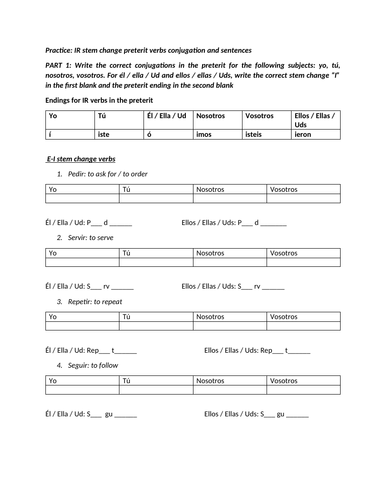 IR stem change preterit conjugation and sentences worksheet | Teaching ...