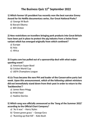 Business Quiz with answers and commentary September 2022 | Teaching ...