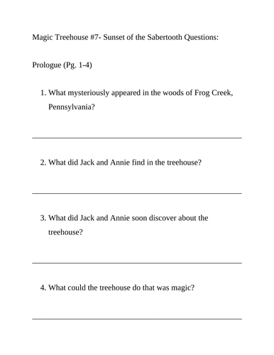 Reading Comprehension- Magic Treehouse #7- Sunset of the Sabertooth ...