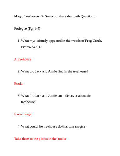 Reading Comprehension- Magic Treehouse #7- Sunset of the Sabertooth ...