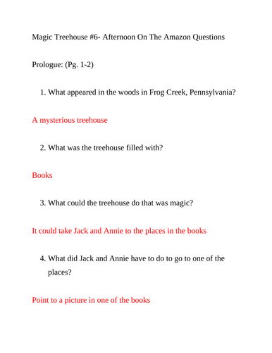 Reading Comprehension- Magic Treehouse #6- Afternoon On The Amazon ...