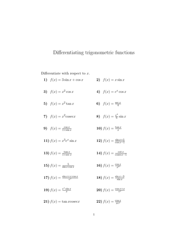 Differentiating trigonometric functions worksheet (with solutions ...