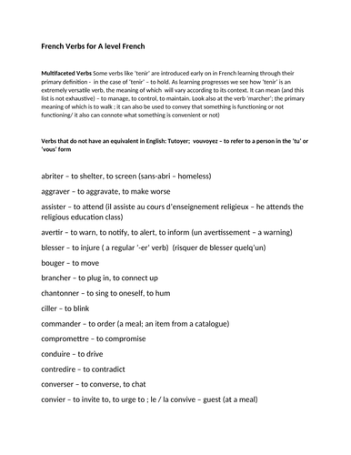 Advanced and Ambitious Verbs for A level French / International ...