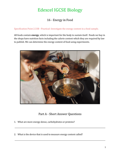 Edexcel IGCSE Biology Worksheets Chapter 2 - Nutrition and Respiration ...