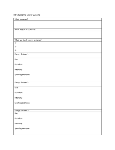 CTEC Sport: Unit 1 Body Systems - LO5 Energy Systems | Teaching Resources