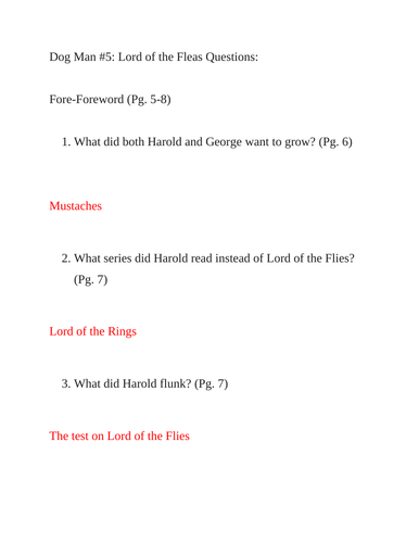 Reading Comprehension- Dog Man #5- Lord Of The Fleas | Teaching Resources