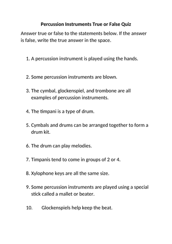True or False Quiz - Percussion Instruments | Teaching Resources