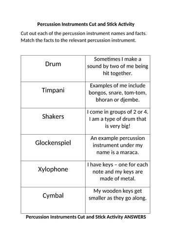 Percussion Instruments Cut and Stick Activity | Teaching Resources