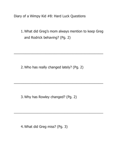 Reading Comprehension- Diary of a Wimpy Kid #8- Hard Luck | Teaching ...