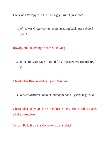 Reading Comprehension- Diary of a Wimpy Kid #5- The Ugly Truth ...