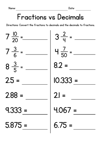 Fractions vs Decimals - Mixed Numbers Worksheets | Teaching Resources