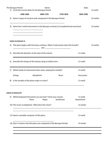 Baroque Music Lesson GCSE and Listening Question (with answers ...