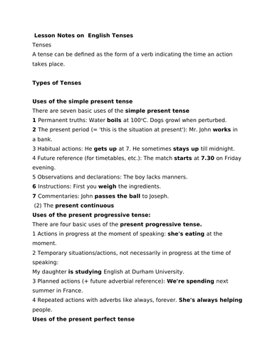 Lesson notes on English tenses | Teaching Resources