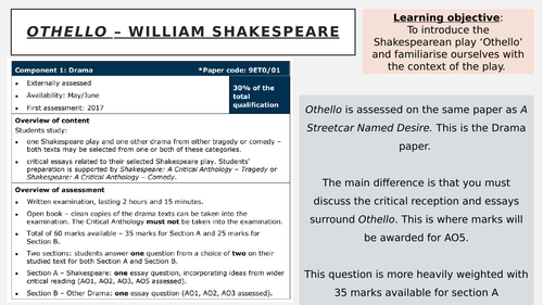Othello - Introduction, Context and Act 1 Scene 1 | Teaching Resources