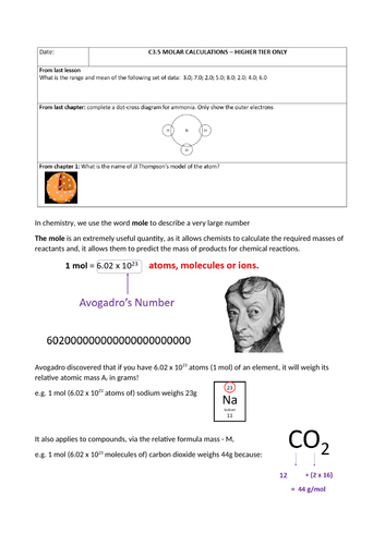 MOLES & MOLAR CALCULATIONS GCSE chem | Teaching Resources