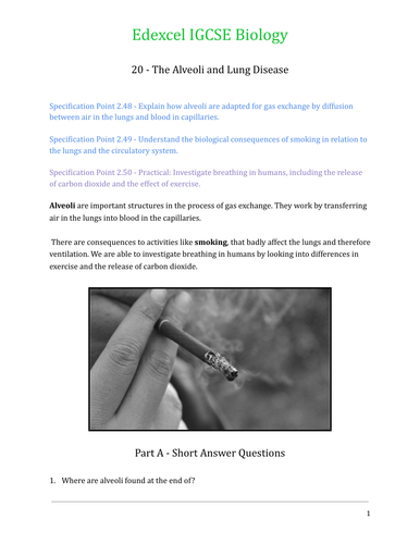 Edexcel IGCSE Biology Worksheet 20 - The Alveoli and Lung Disease ...