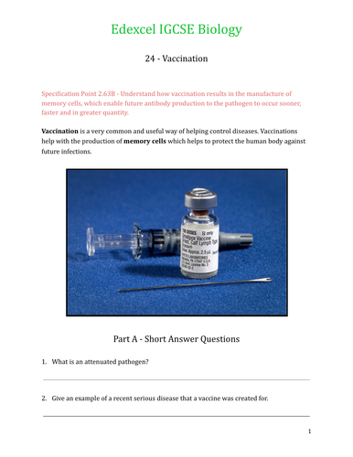 Edexcel IGCSE Biology Worksheet 24 - Vaccination | Teaching Resources Edexcel IGCSE Biology Worksheet 24 - Vaccination | Teaching Resources