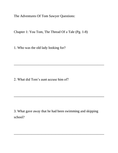 Reading Comprehension- The Adventures Of Tom Sawyer | Teaching Resources