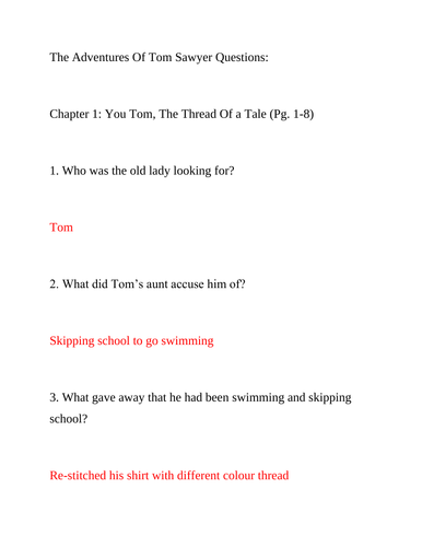 Reading Comprehension- The Adventures Of Tom Sawyer | Teaching Resources