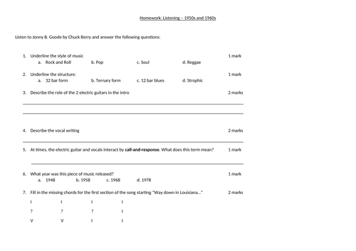 Rock and Roll Listening Question GCSE Music | Teaching Resources
